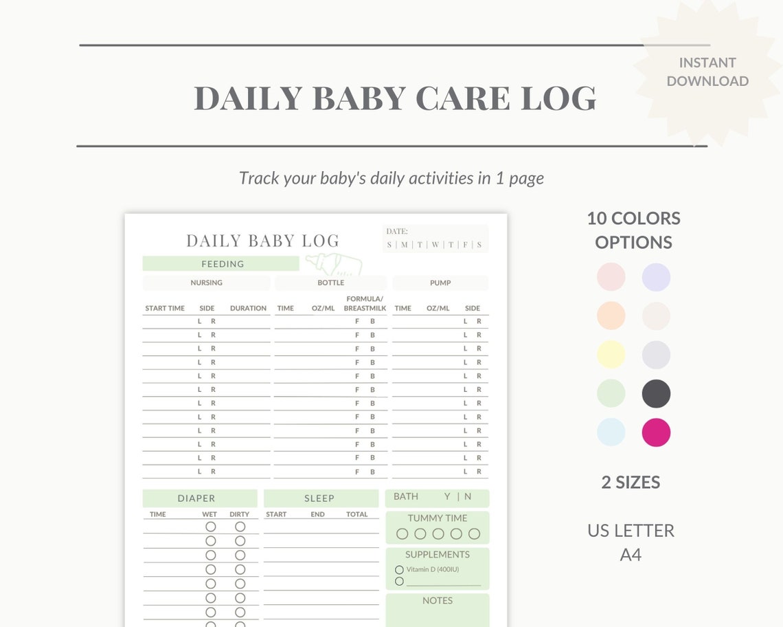 Printable Daily Baby Tracker - 10 Colors - US Letter & A4 Sizes ...