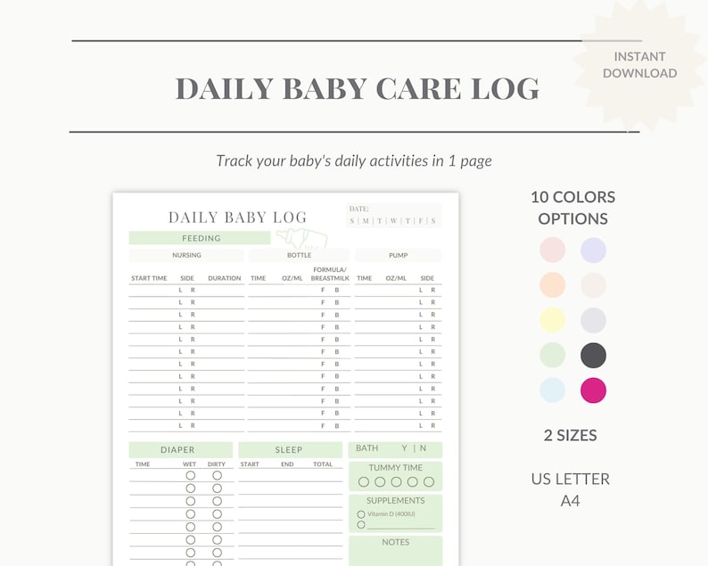 Printable Daily Baby Tracker - 10 Colors - US Letter & A4 Sizes ...