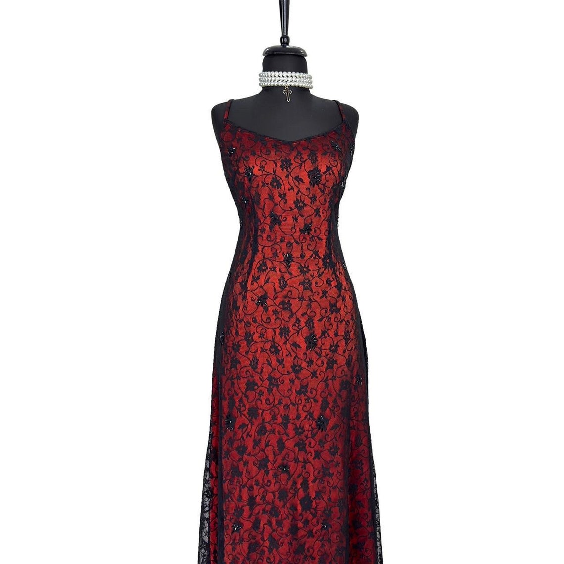 Vintage Red Goth Mesh Layered Prom Dress , Romantic Beaded Details ...