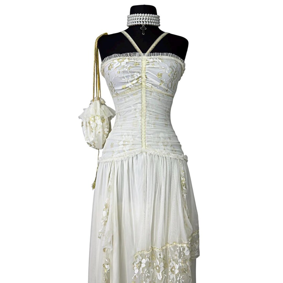 Y2k Dress , Vintage Fairy Prom Dress , Gold White Floral Lace Detail Maxi Ballgown - Etsy