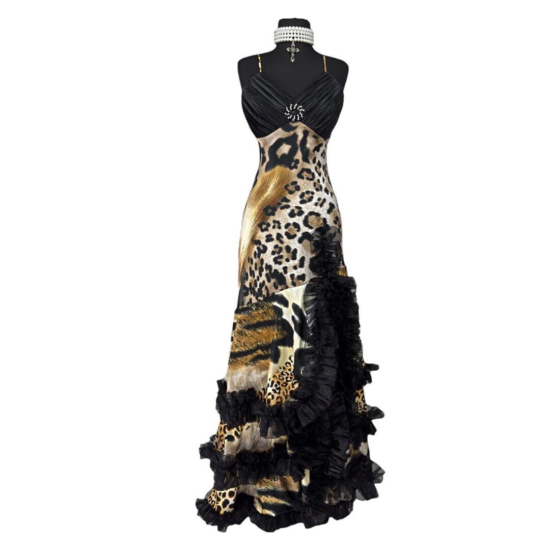 Vintage Satin Leopard Dress , Animal Print Prom Dress , Maxi Leopard ...