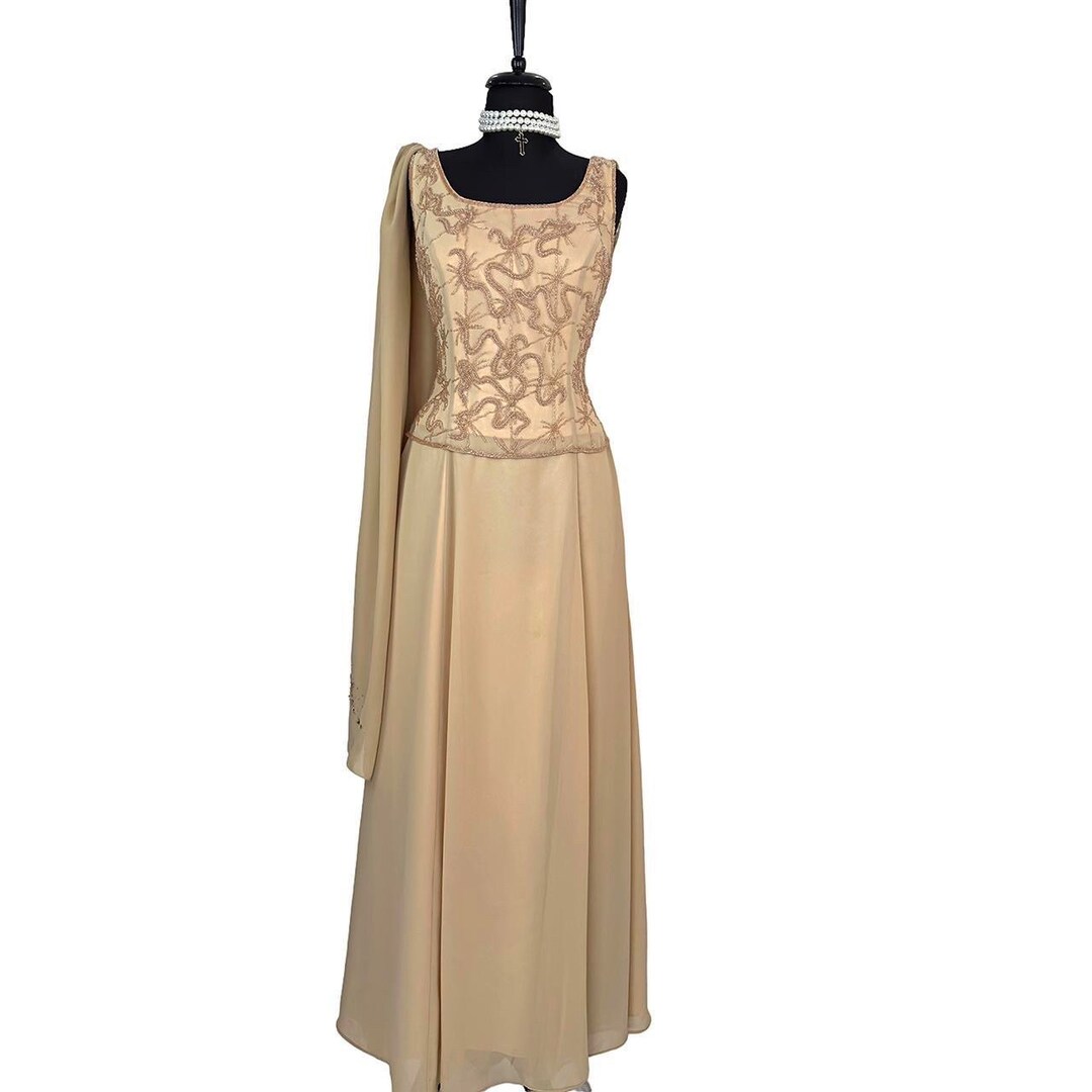 Vintage Beaded Embroidery Prom Dress , Tan Colour Long Evening Dress - Etsy
