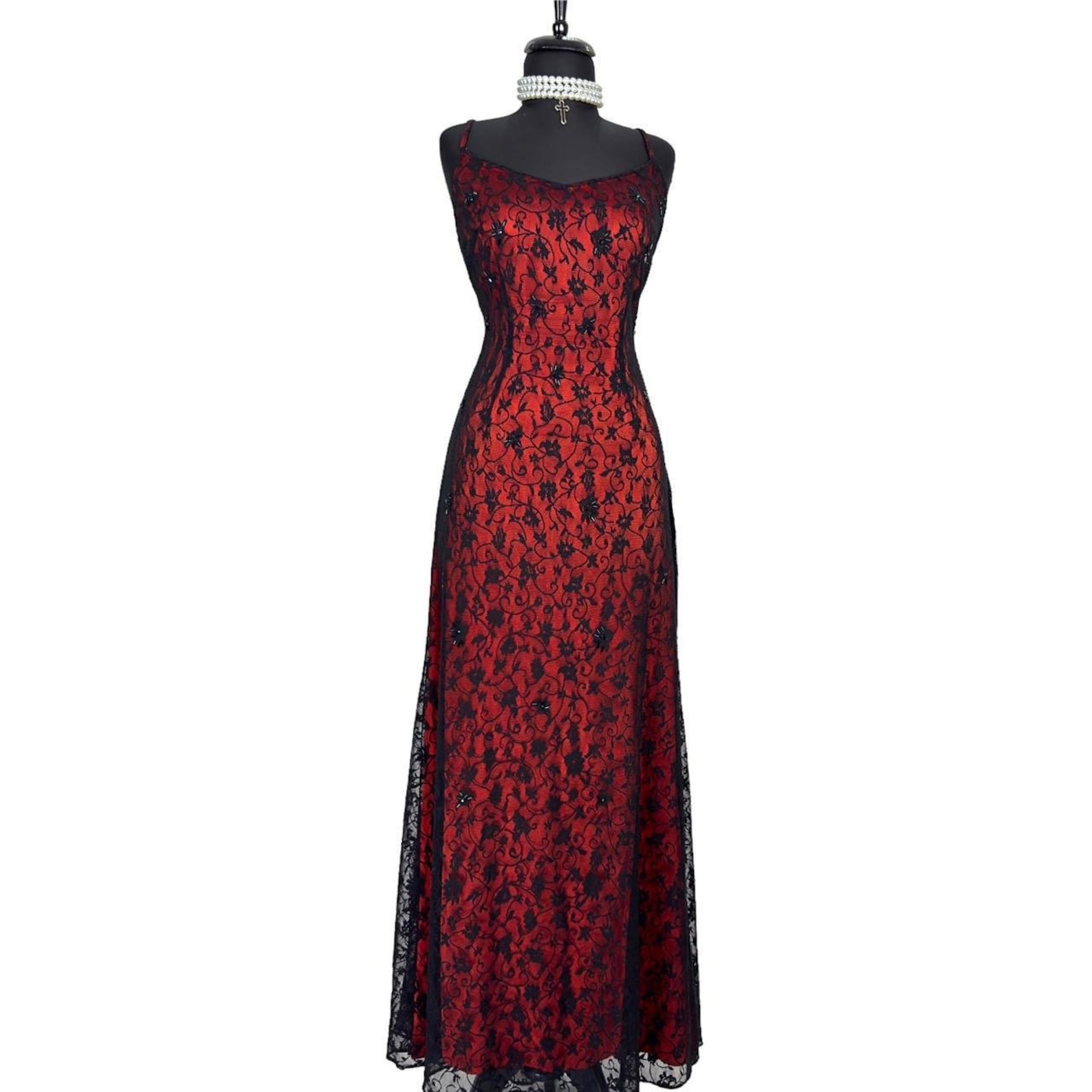 Vintage Red Goth Mesh Layered Prom Dress , Romantic Beaded Details ...