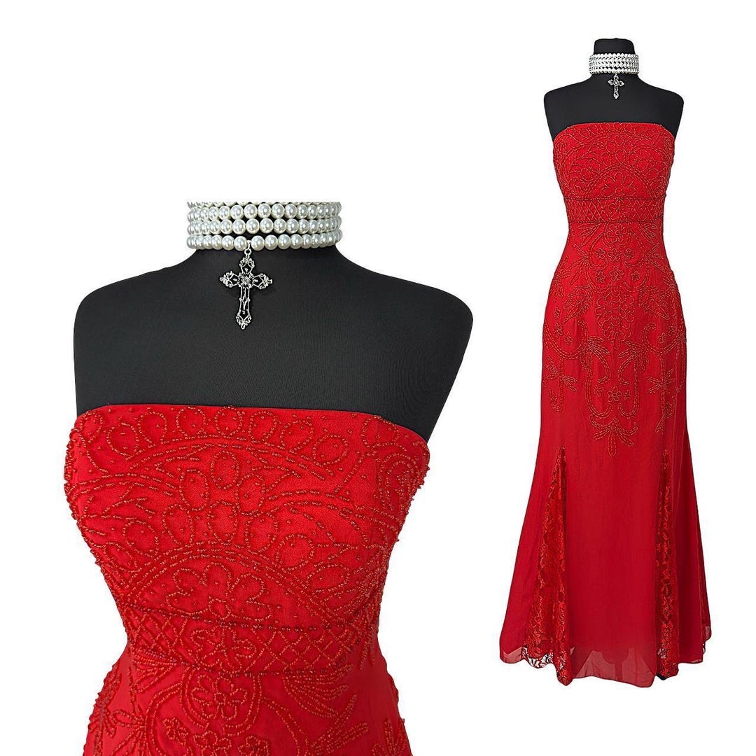 Vintage Red Beaded Prom Dress , Lace Beaded Red Ballgown , Red Maxi ...