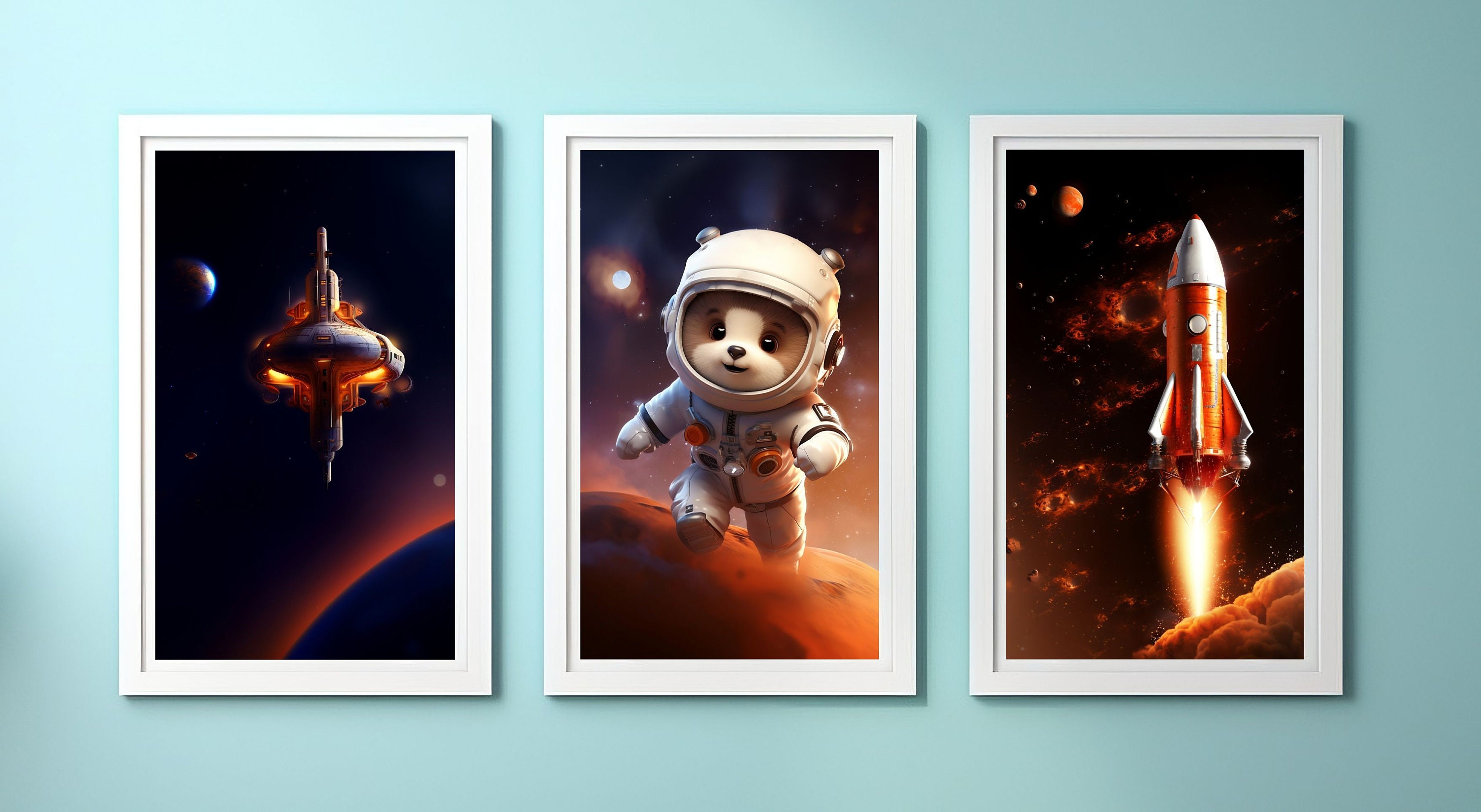 Stellar Wall Art Prints for Space Themed Room Set of 4: Bear Astronaut ...