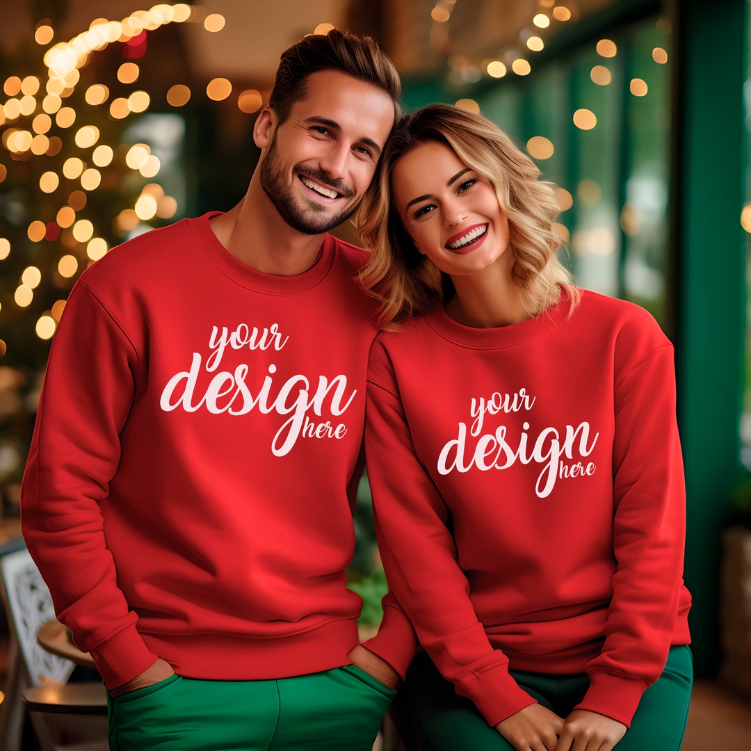 Red Sweater Mockup With Christmas Background for Couples Gildan 18000 ...