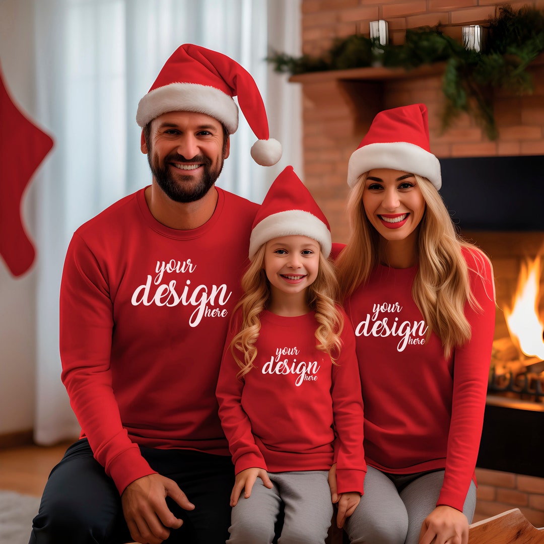 Red Sweater Mockup With Christmas Background for Families Gildan 18000 ...