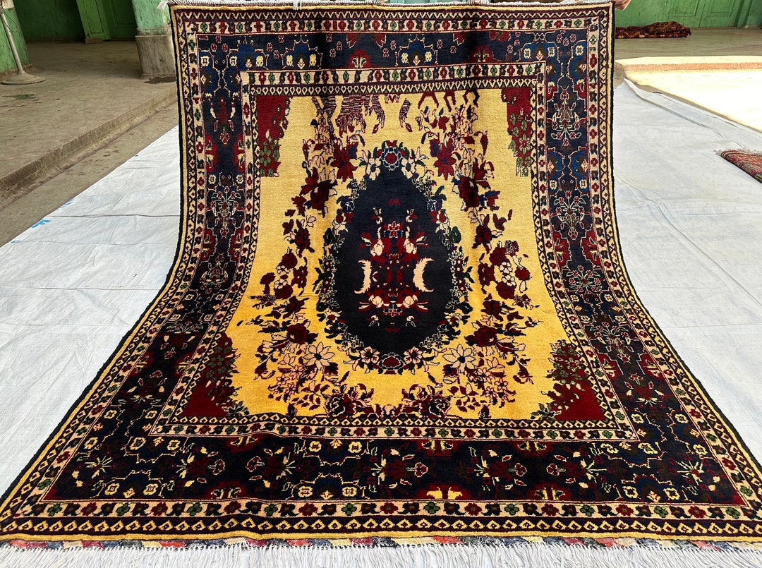 5x7 Yak Gul Yellow Dark Blue Rug Afghan Handmade Vintage Rug High ...