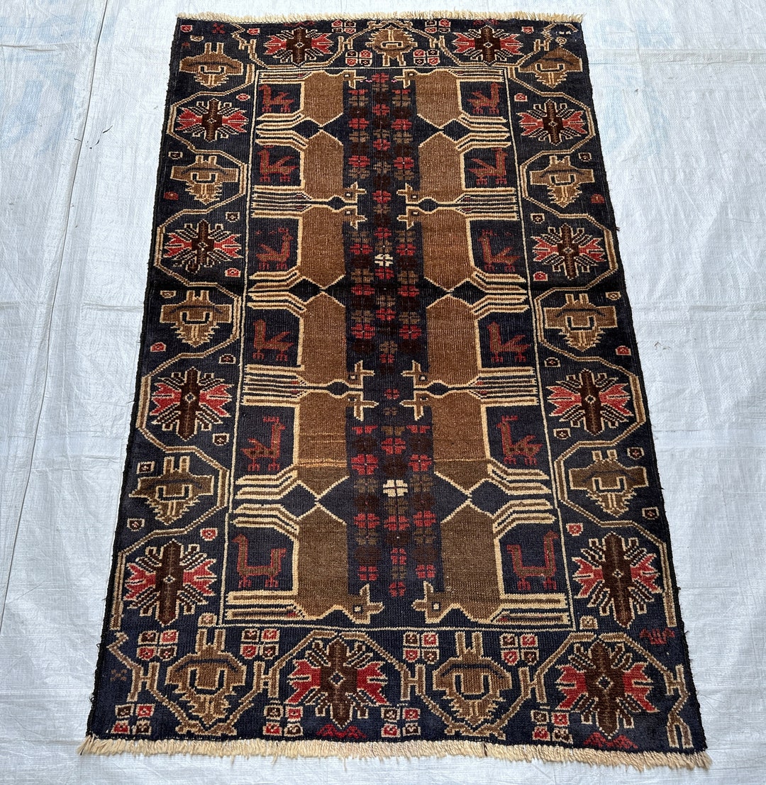 3x5 Pictorial Ethnic Antique Dar Blue and Brown Rug - Afghan Handmade ...