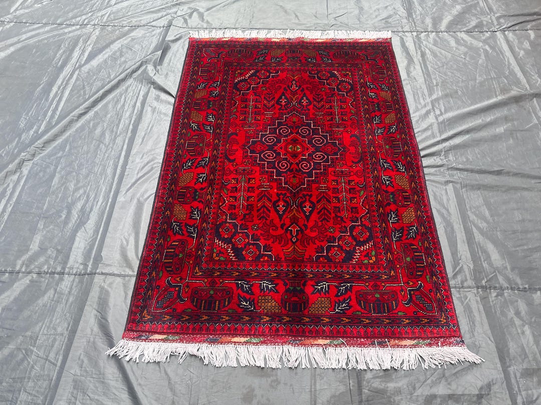 Afghan Handmade Khamyab Balish Rug 3x5 Ft – Red Black Wool Carpet ...