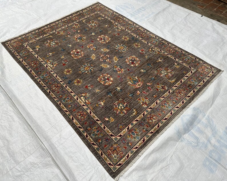 5x7 Afghan Handmade Dark Gray 1970s Chobe Design Area Rug-washable High ...