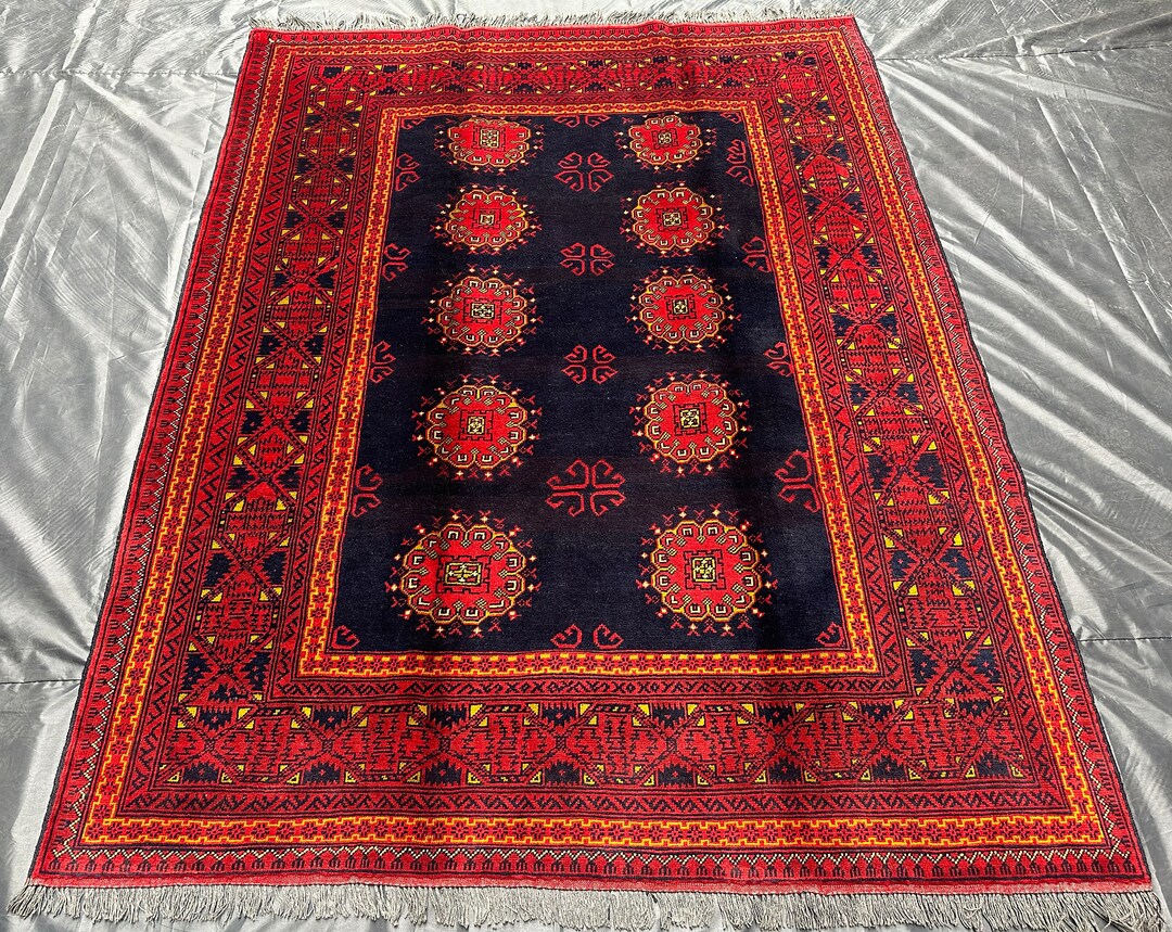 5 Ft X 7 Ft, Afghan Handmade Patmos Gul Design Red Rug, Vegetable Dyes ...