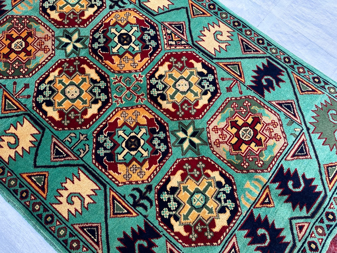 3x4 Green Bukhara Vintage Rug-turkmen Hand Knotted Washable Woolen Dyes ...