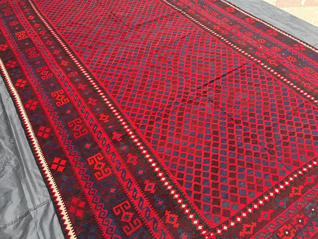 9x15 Ft Large Afghan Handmade Kilim Rug - Red, Black, Orange Geometric ...
