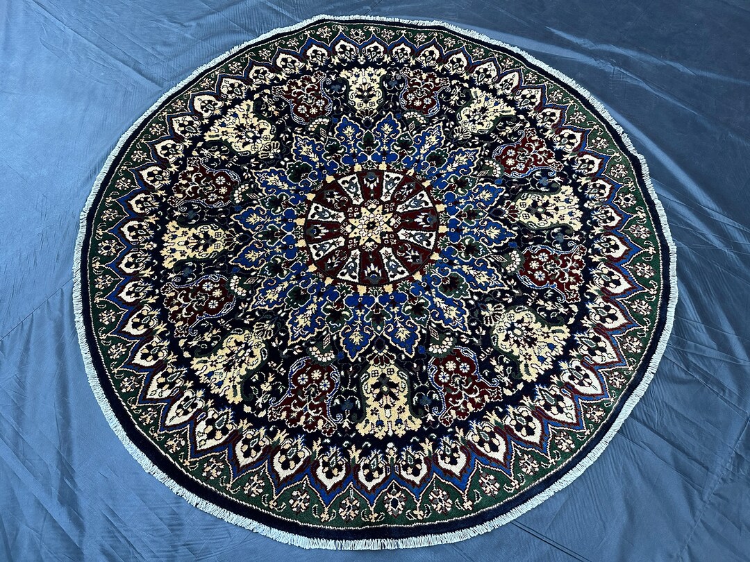 5x5 Dark Blue Yellow Round Area Rug Afghan Hand Knotted Vegetable Dyes ...