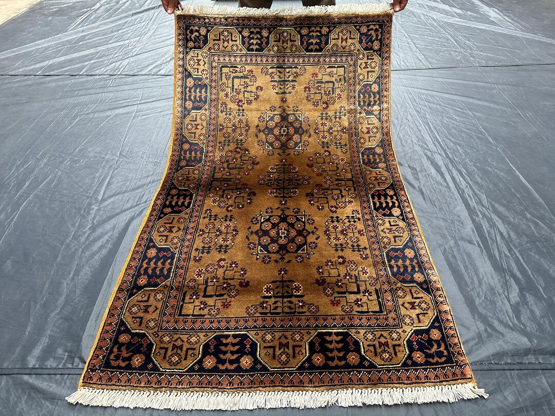 3x4 Ft, Small Golden Carpet, Soft Pile Unique Bokhara Rug - Handmade ...