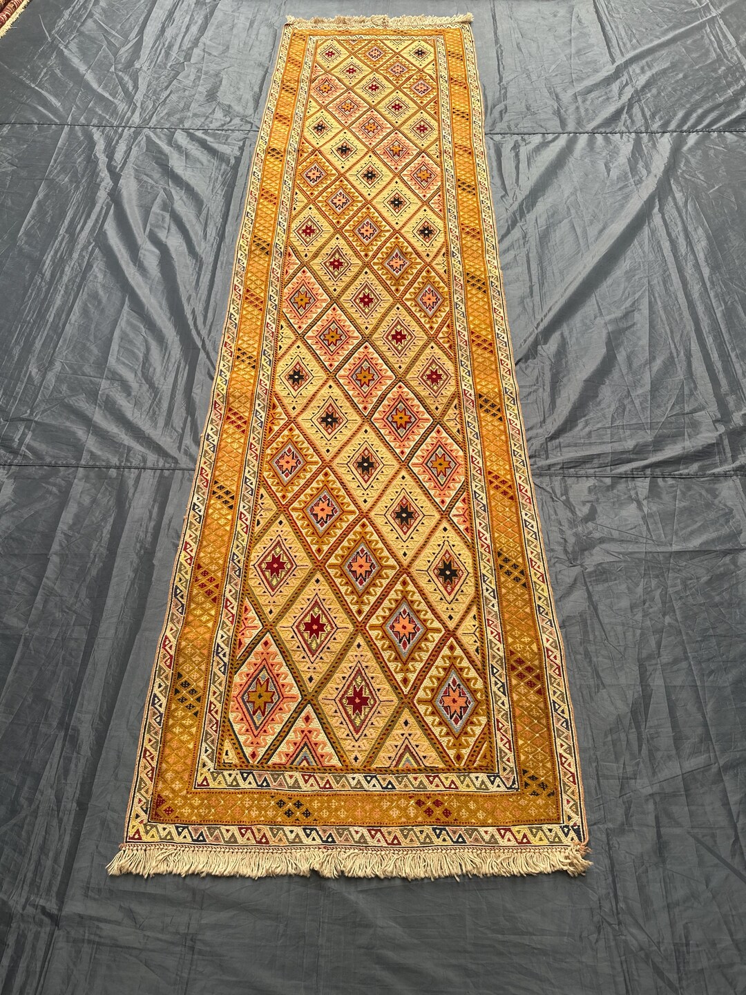 10 Ft Golden Vintage Runner Rug - Handmade Wool Hallway Carpet - Tribal ...