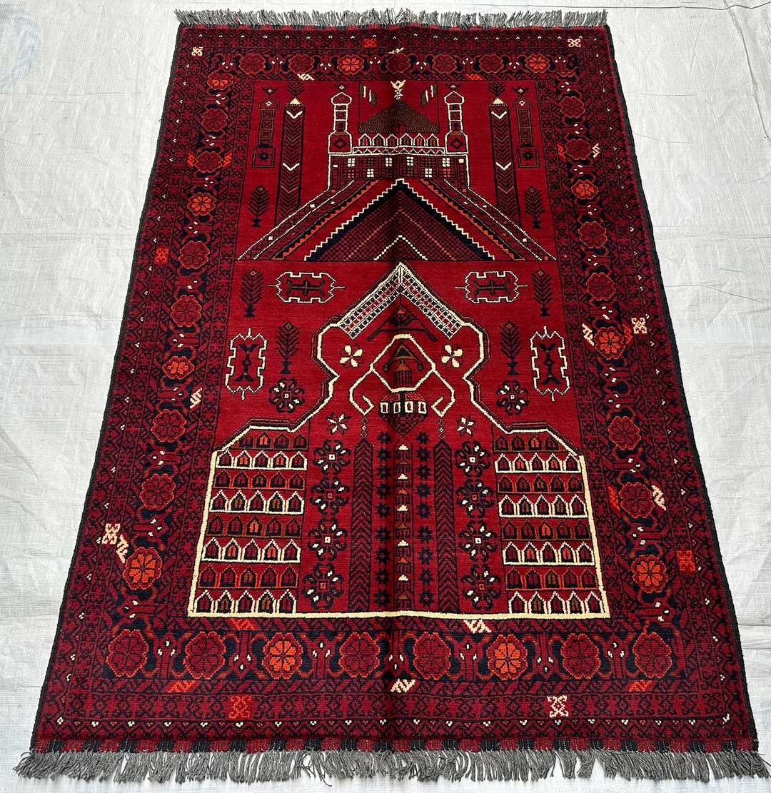 Vintage Afghan Prayer Rug: Hand-knotted Wool Sajdah Mat (3.3x4.10 Ft ...