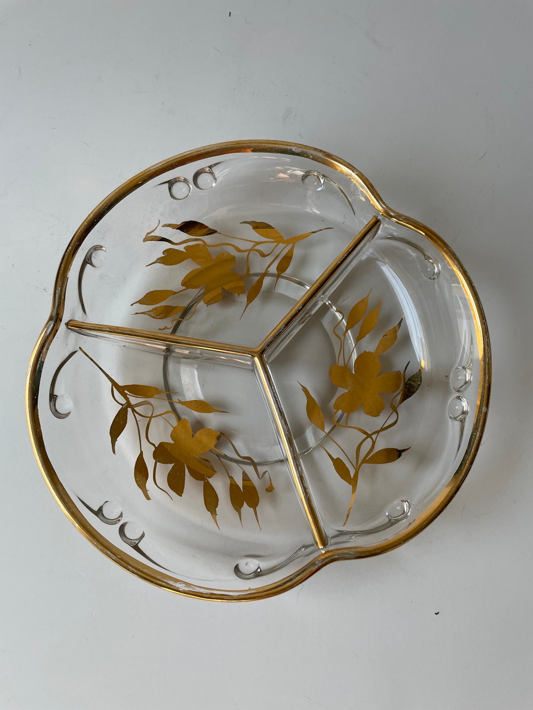 Glass 3 Divided Gold Floral Tray - Etsy