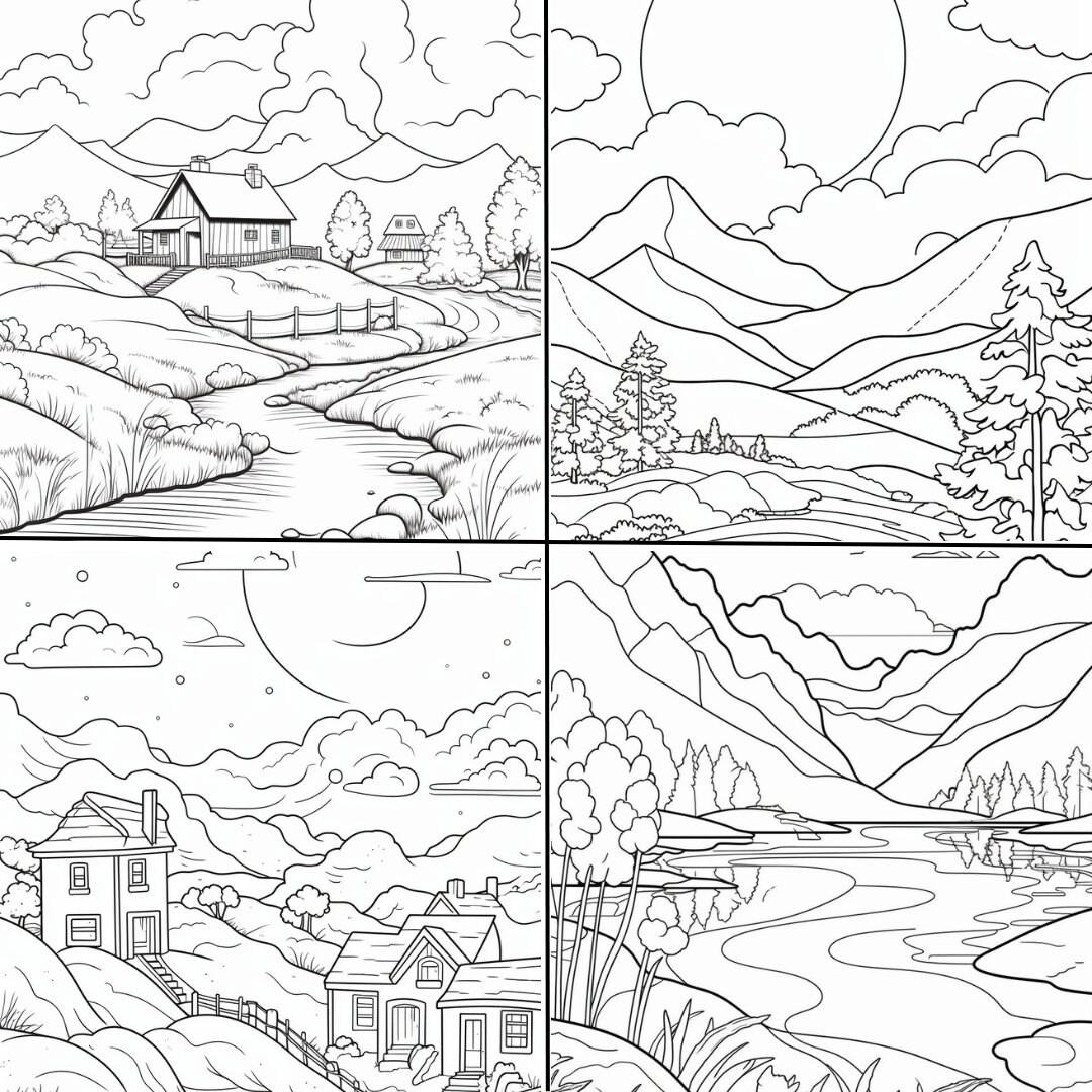 36 Minimalist Scenery Coloring Pages for Adults, PNG, Coloring Book ...