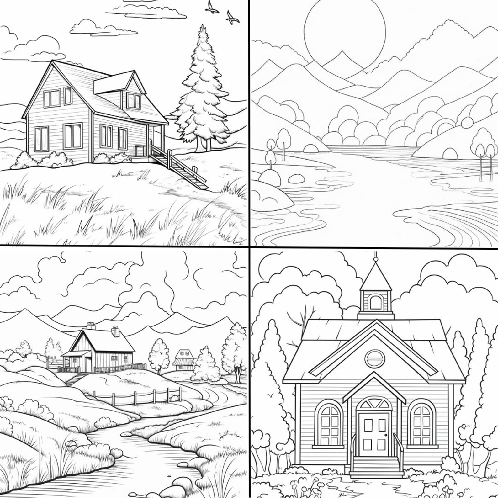 36 Minimalist Scenery Coloring Pages for Adults, PNG, Coloring Book ...