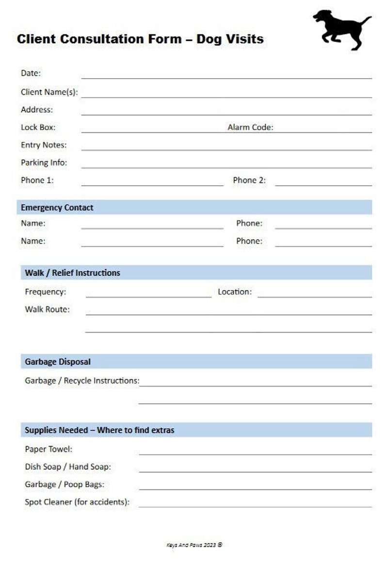 Professional Pet Sitter Pet Care Form Dog Version - Etsy