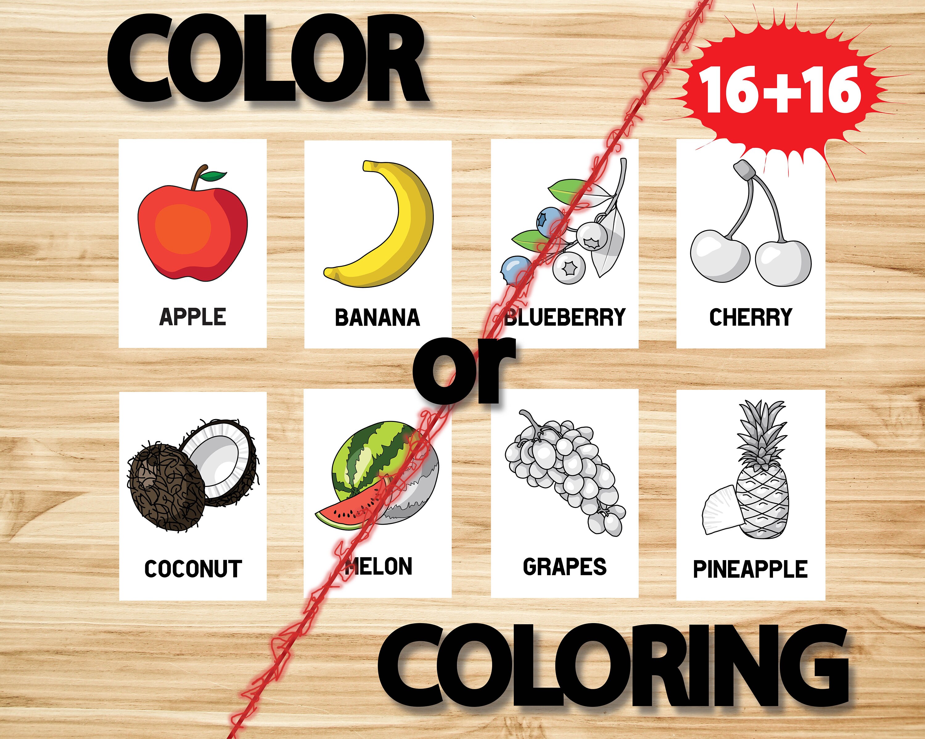 16 + 16 Fruits Cards • 16 Color Cards + FREE 16 Coloring Cards ...