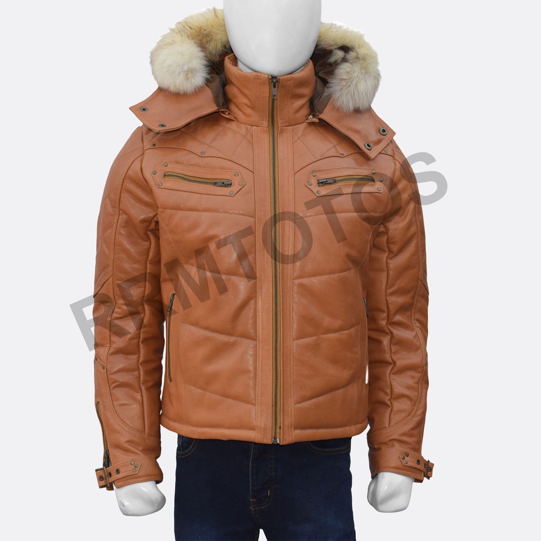 Men's Brown Leather Puffer Jacket Leather Bubble Jacket - Etsy
