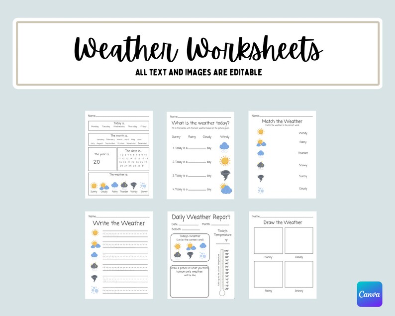 Weather Classroom Worksheets Editable Canva Weather Templates - Etsy
