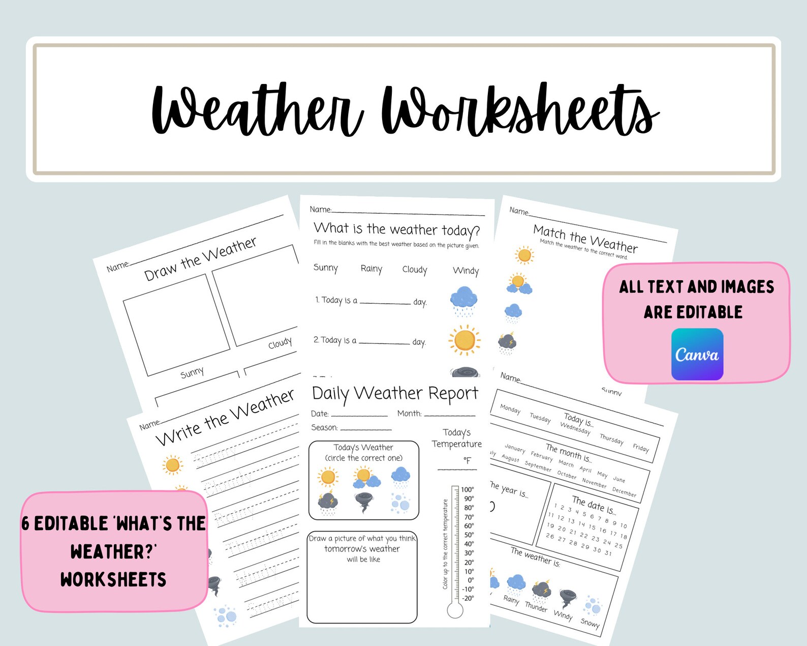 Weather Classroom Worksheets Editable Canva Weather Templates - Etsy