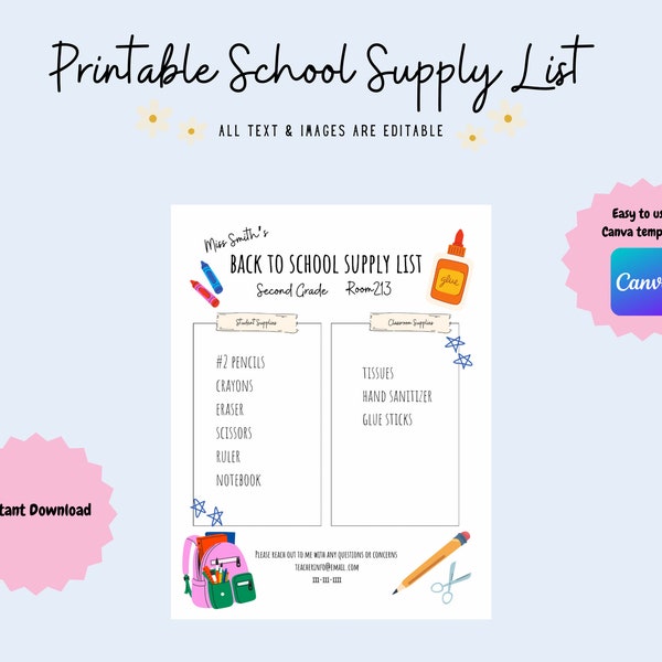 School Supply List Template - Etsy