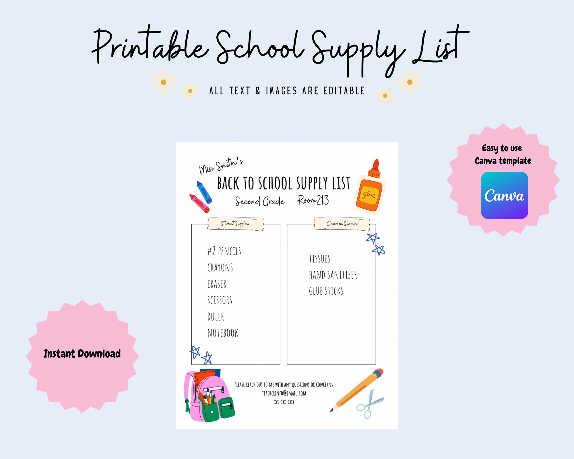 Editable School Supply List Canva Template Digital Download Printable ...