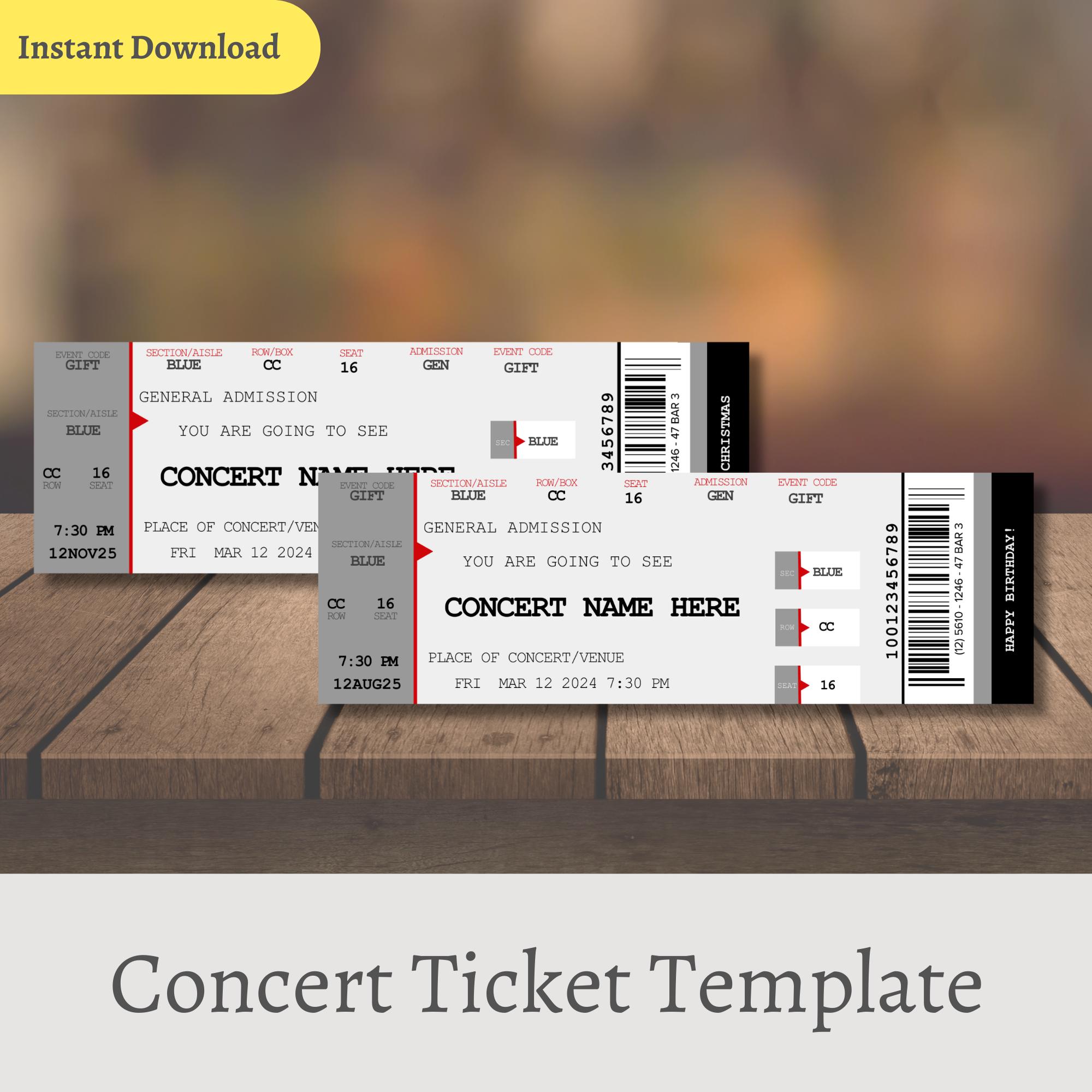 Custom Concert Ticket Template - Personalized Printable Event Pass for ...