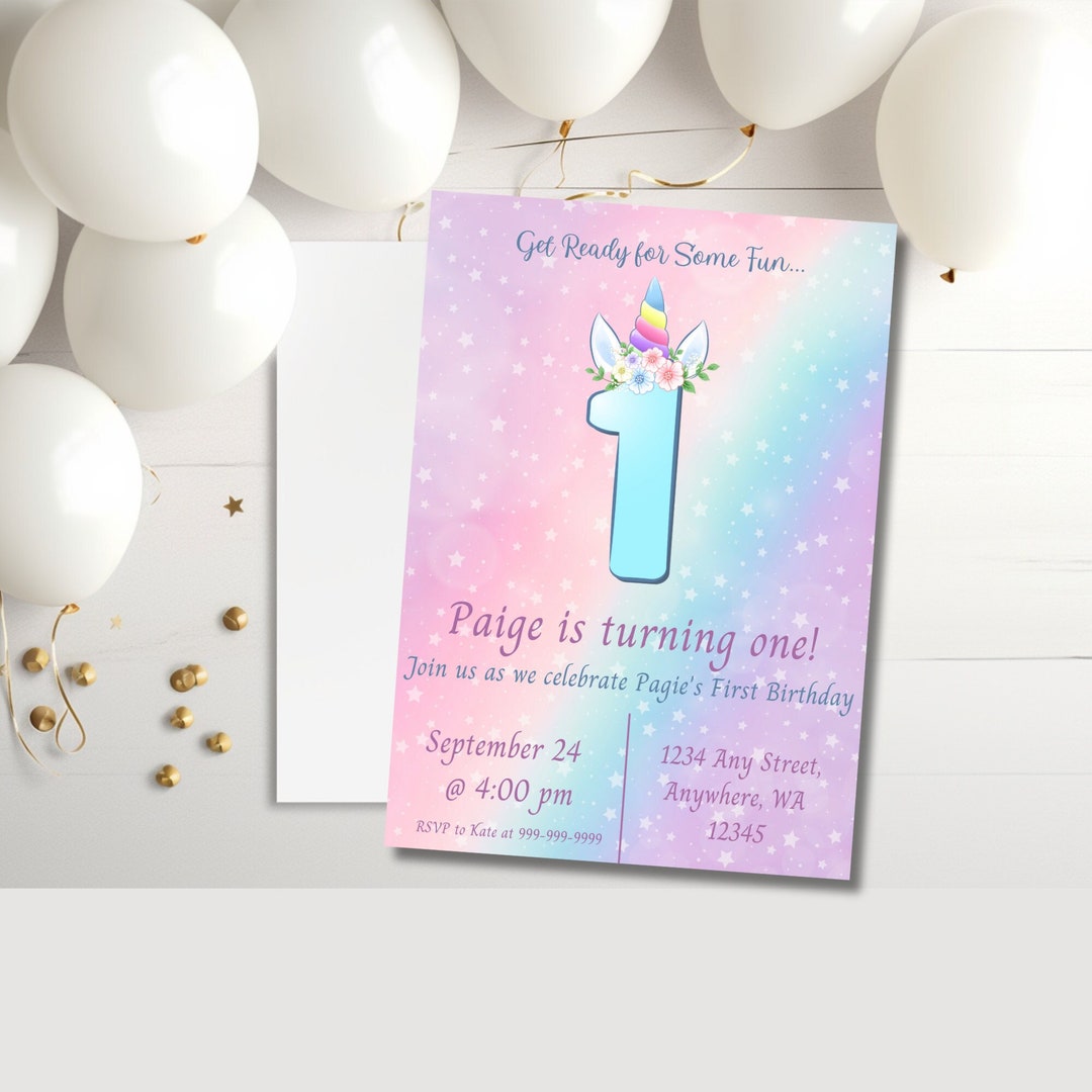 Rainbow Unicorn Birthday Invitation Template | Personalized 1st ...