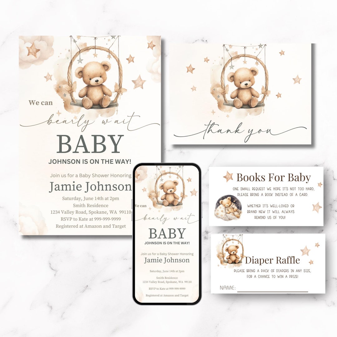 Baby Shower Set, We Can Bearly Wait Theme, Editable Invitation ...