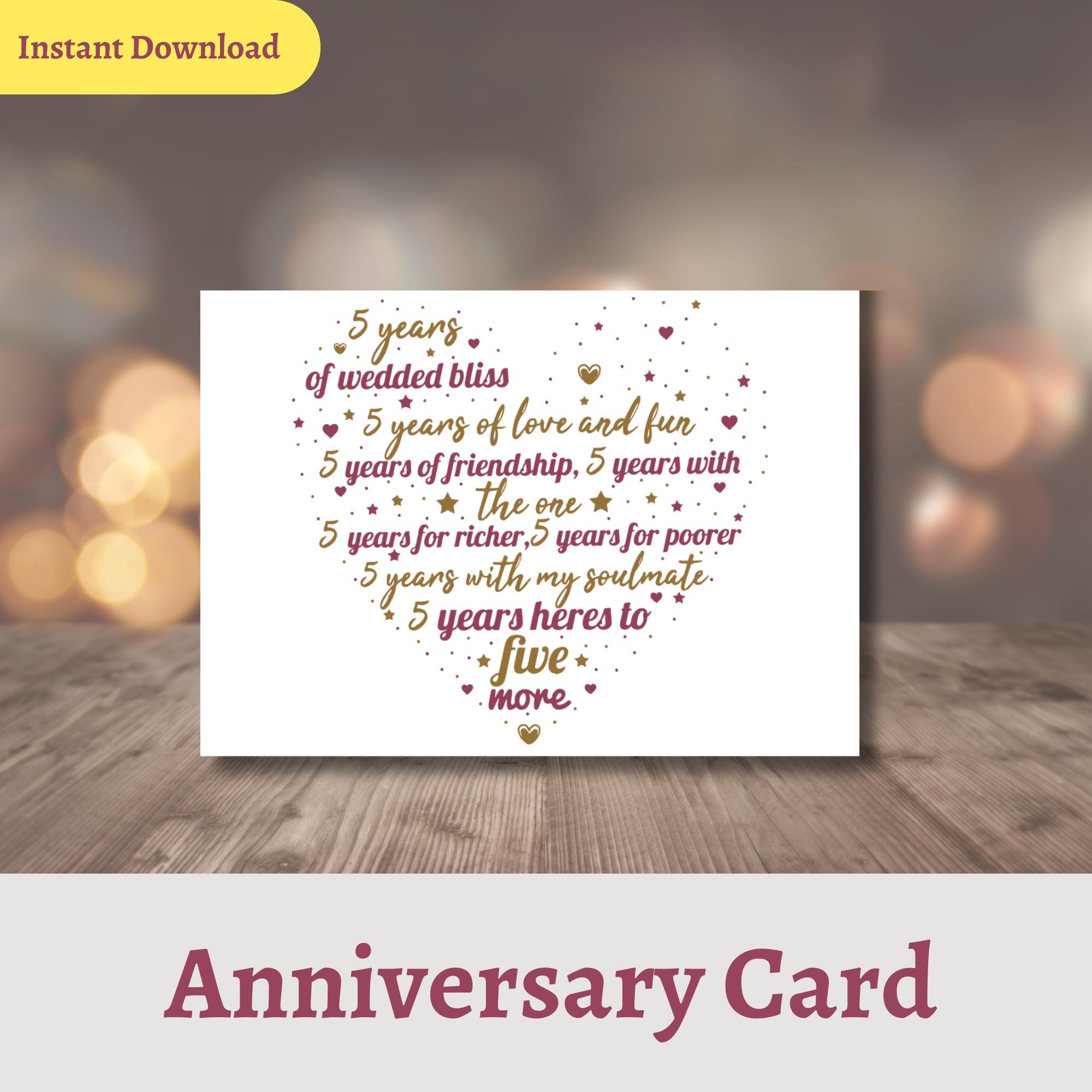 Fifth Anniversary Card Printable Template | Custom Message & Bible ...