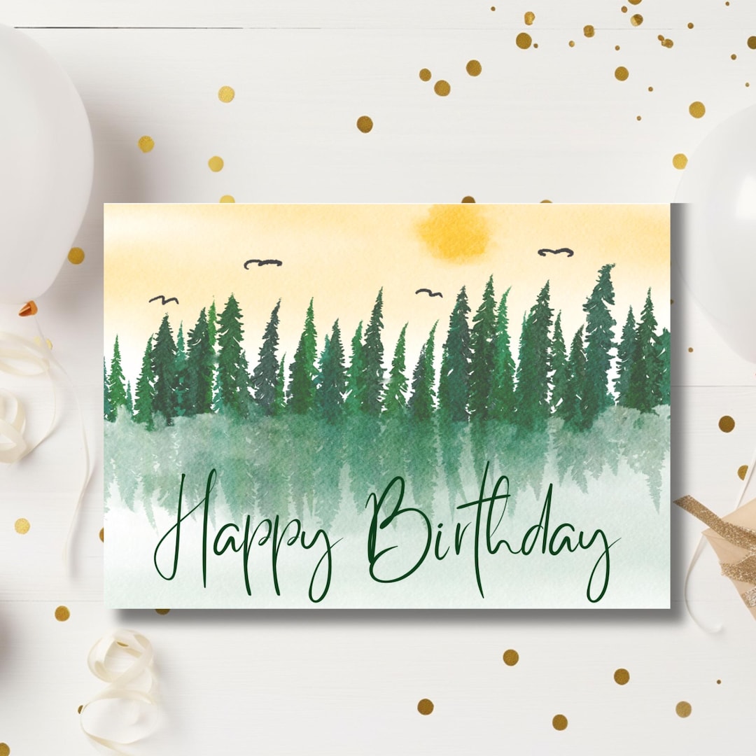 Watercolor Forest Birthday Card: Nature Scene Greeting (printable) - Etsy