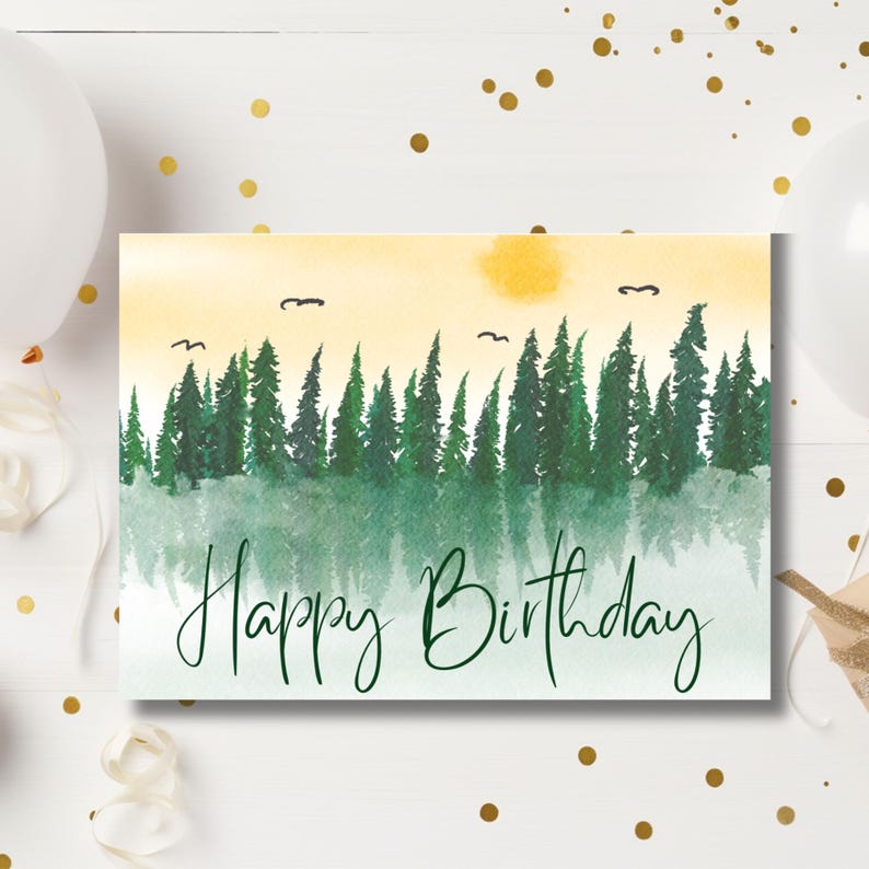 Watercolor Forest Birthday Card: Nature Scene Greeting (printable) - Etsy