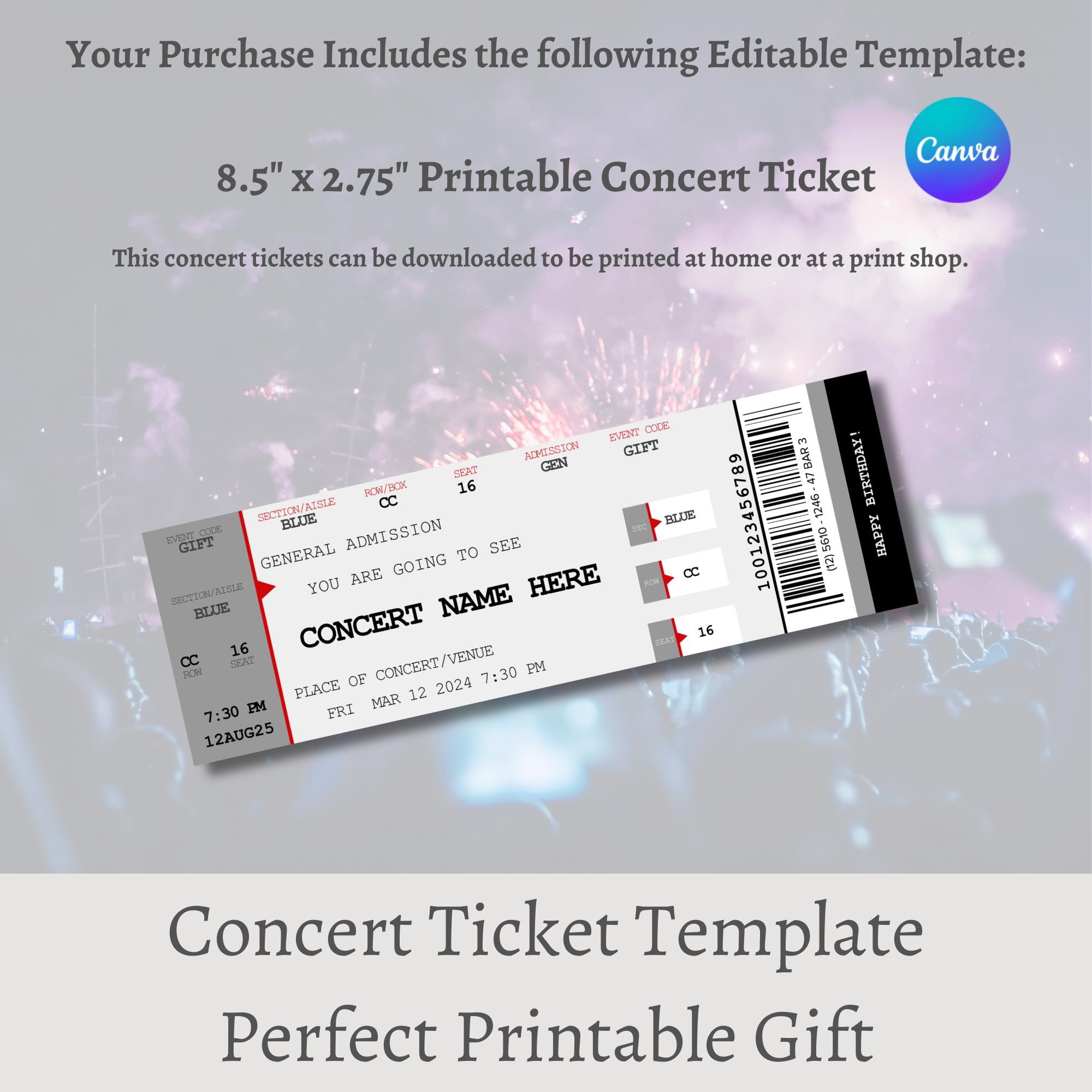 Custom Concert Ticket Template - Personalized Printable Event Pass for ...