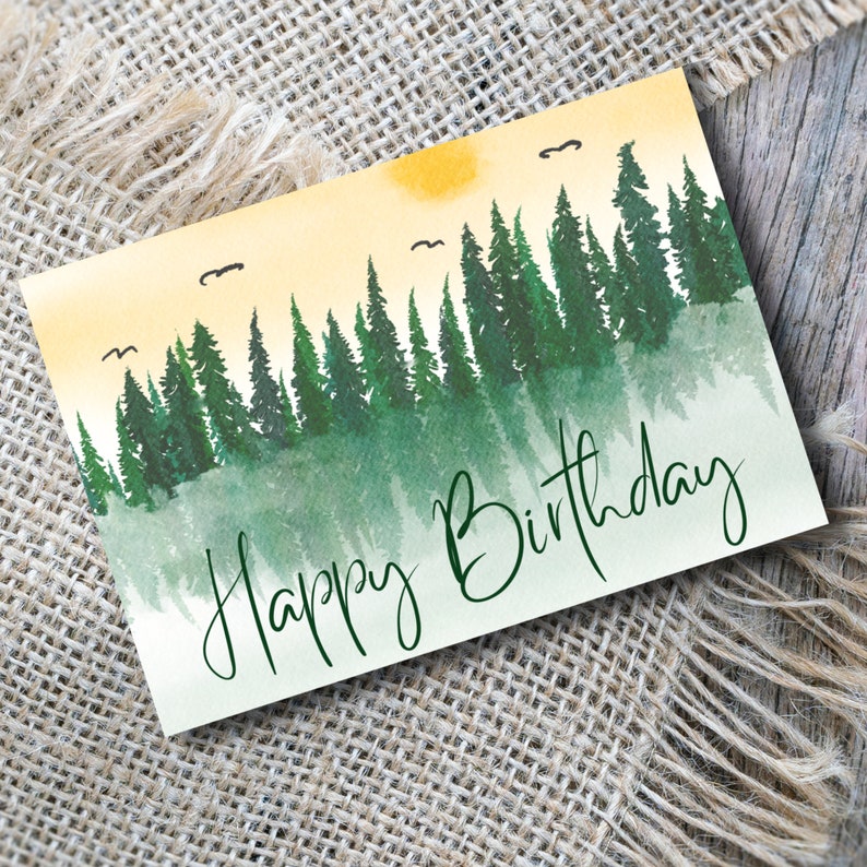 Watercolor Forest Birthday Card: Nature Scene Greeting (printable) - Etsy