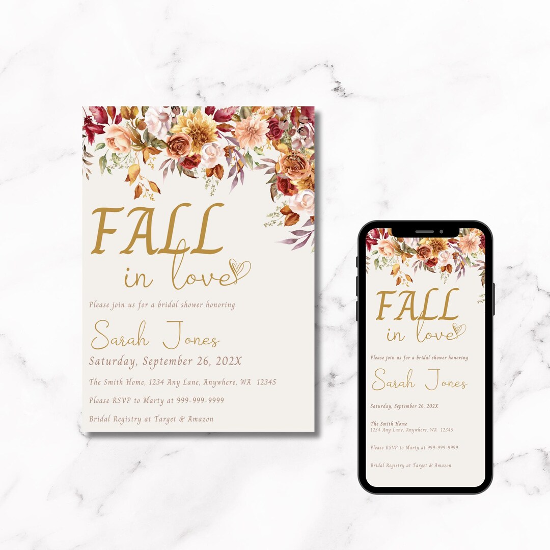 Fall in Love Theme Bridal Shower Invite - DIY Canva Template for Autumn ...