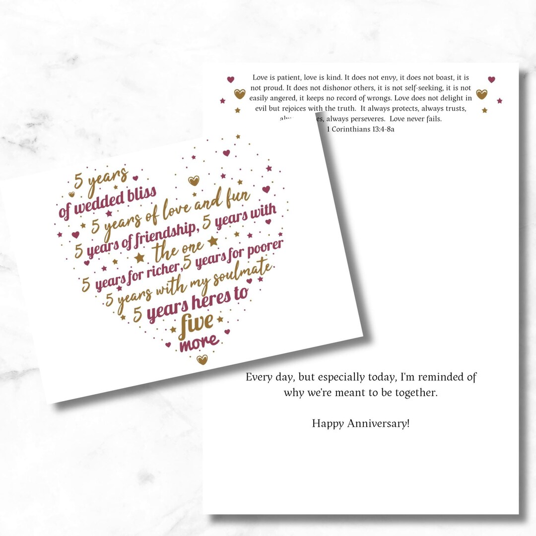 Fifth Anniversary Card Printable Template | Custom Message & Bible ...