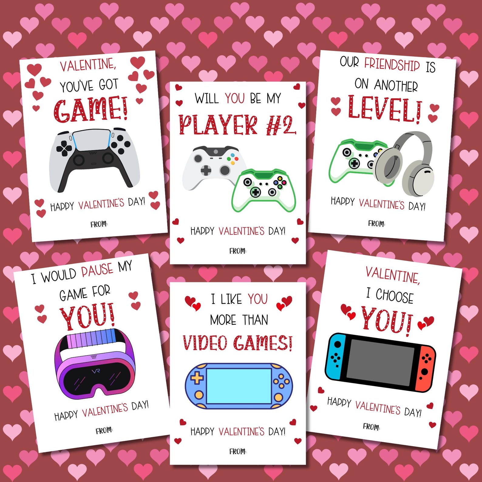 Video Game Valentine Cards: Set of 6 Printable Cards (digital Download ...