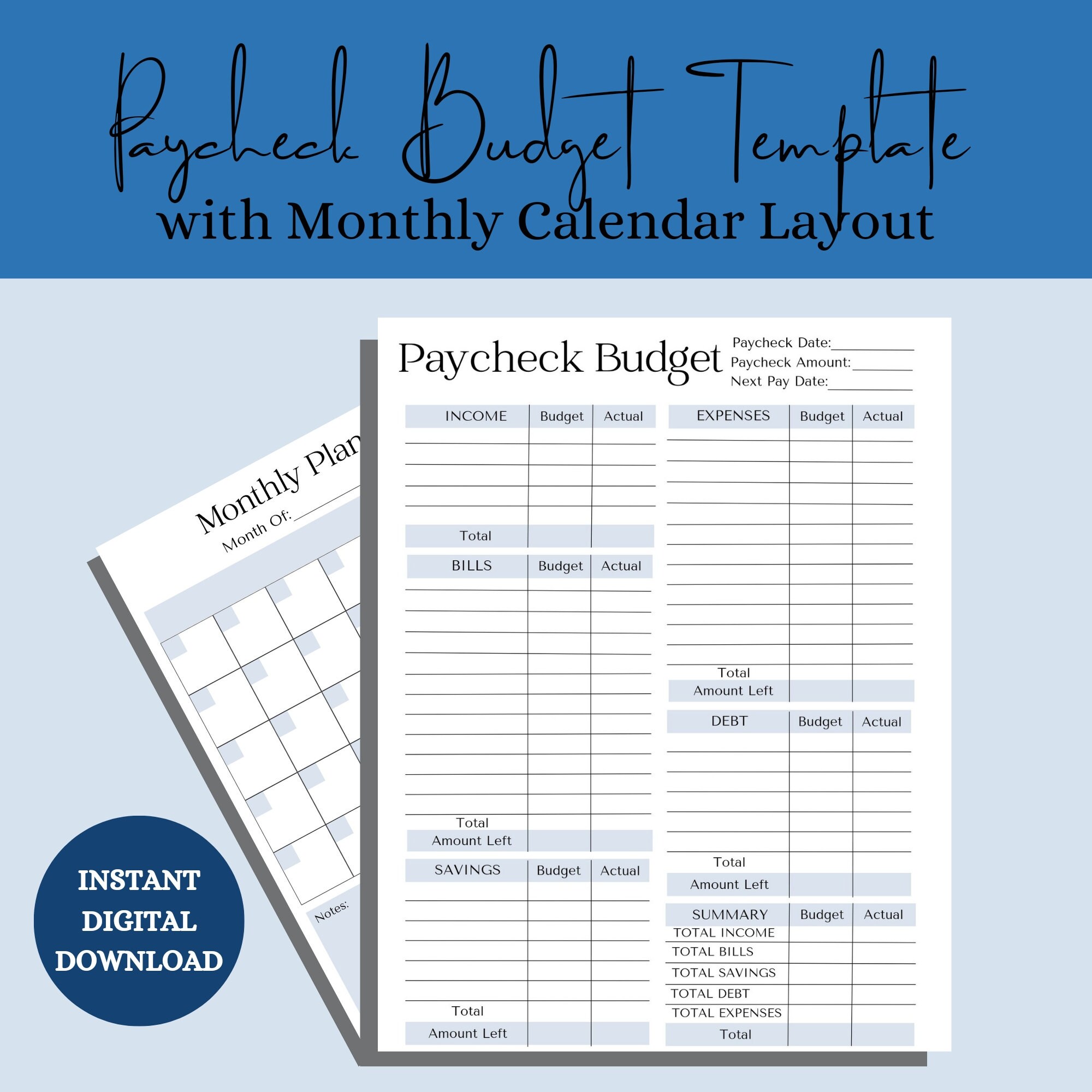 Paycheck Budget Template Printable Monthly Planner Layout Budget ...