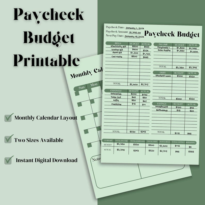Paycheck Budget Template Printable Monthly Planner Layout Budget ...