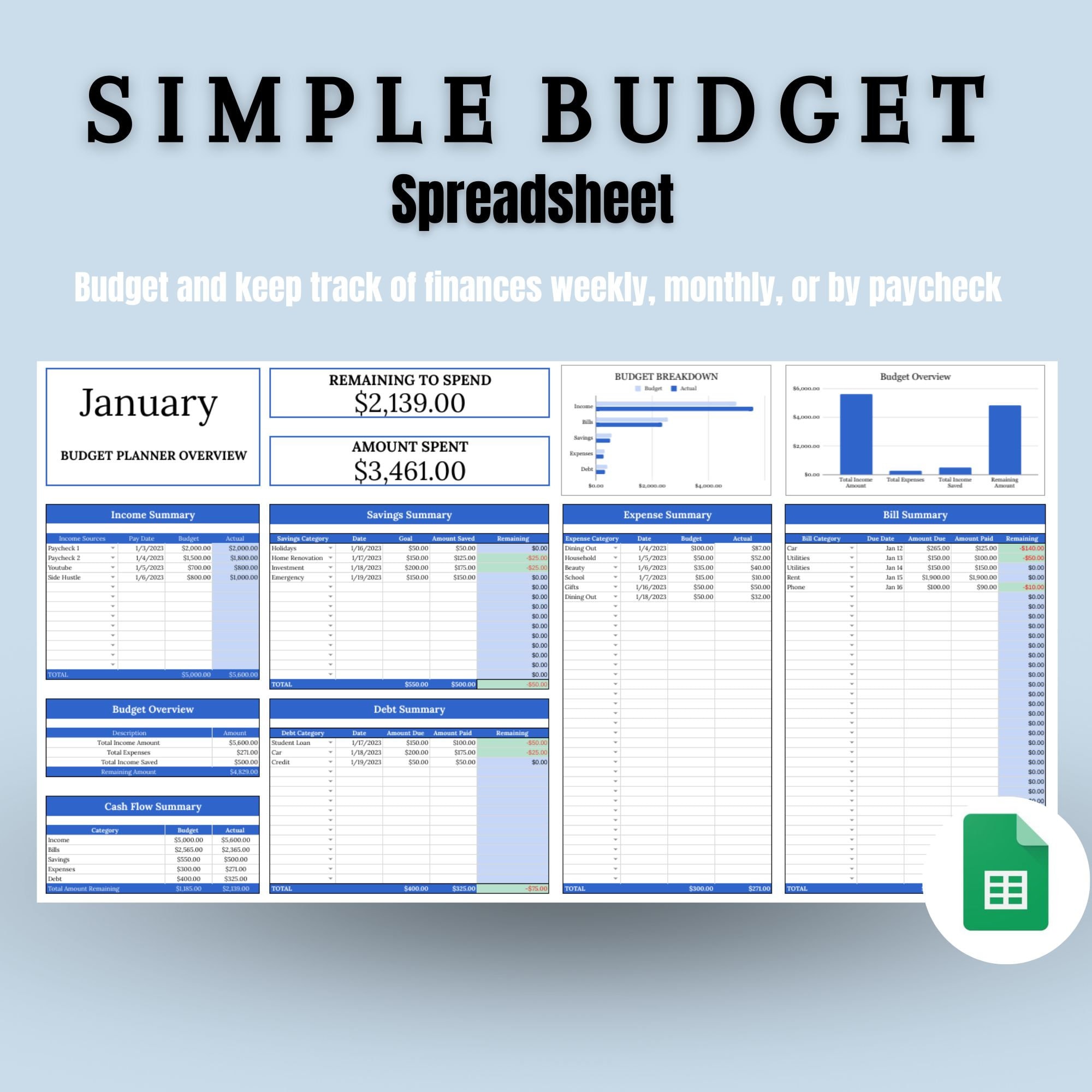 Budget Planner Google Sheets Budget Spreadsheet Template, Paycheck ...