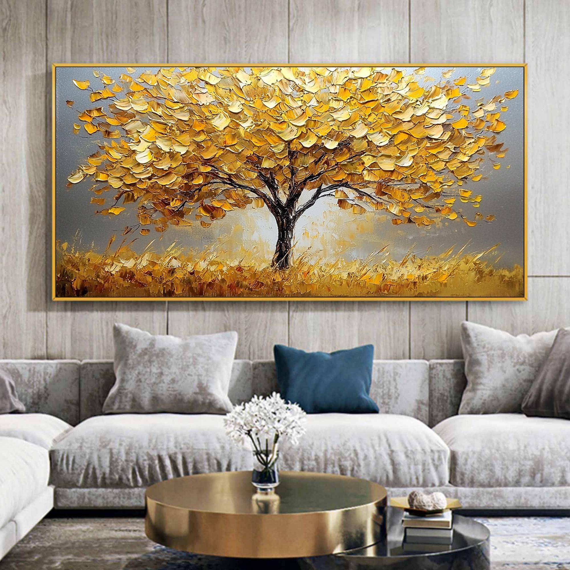 Abstract Golden Big Tree Oil Painting on Canvas, Large Textured Wall ...