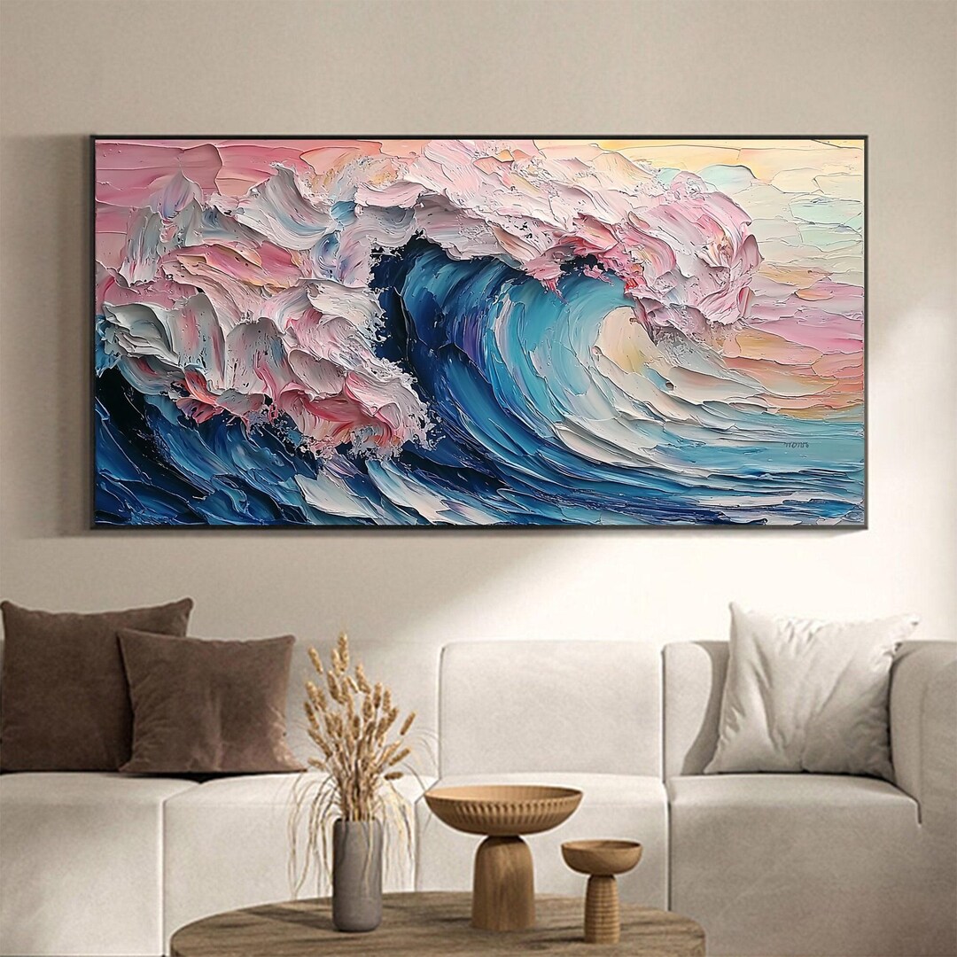 Original Blue Wave Textured Canvas Oil Painting, Abstract Pink Sky ...