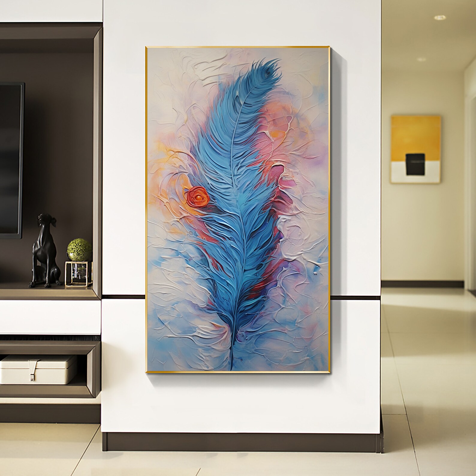 Abstract Blue Feather Oil Painting on Canvas, Original Colorful Feather ...
