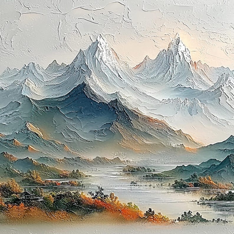 Large Abstract 3D Texture Mountain and Forest Canvas Oil Painting, Original Rive Minimalist Wall ...